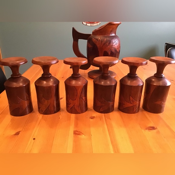 Vintage | Dining | Vintage Tiki Pitcher Goblets Carved Teak Wood Mcm ...